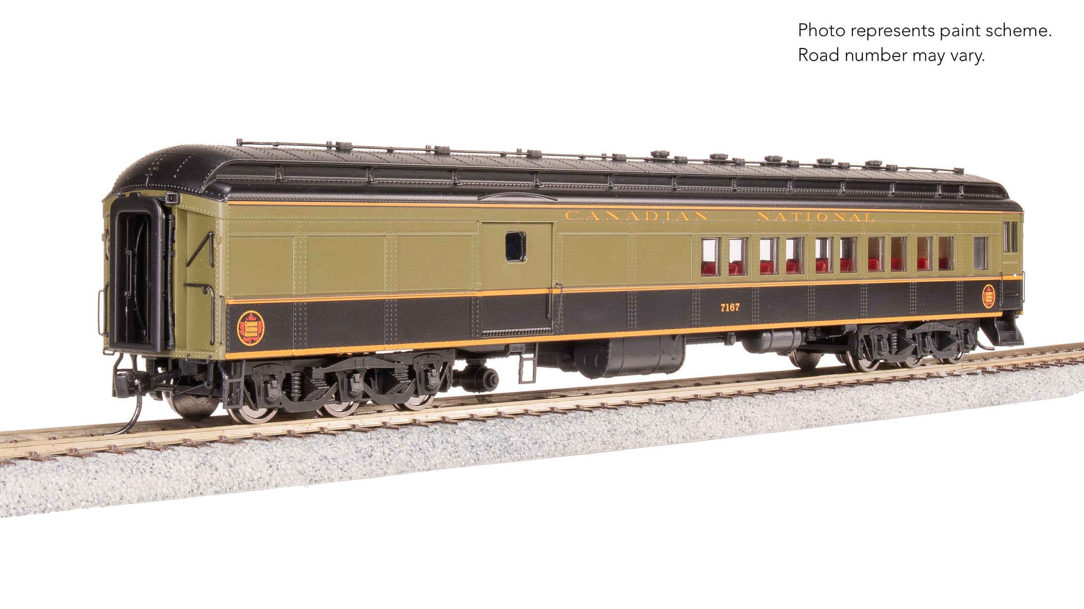 9116 CN Coach-Baggage Combine, #7167, Green/Black/Yellow, HO Scale
