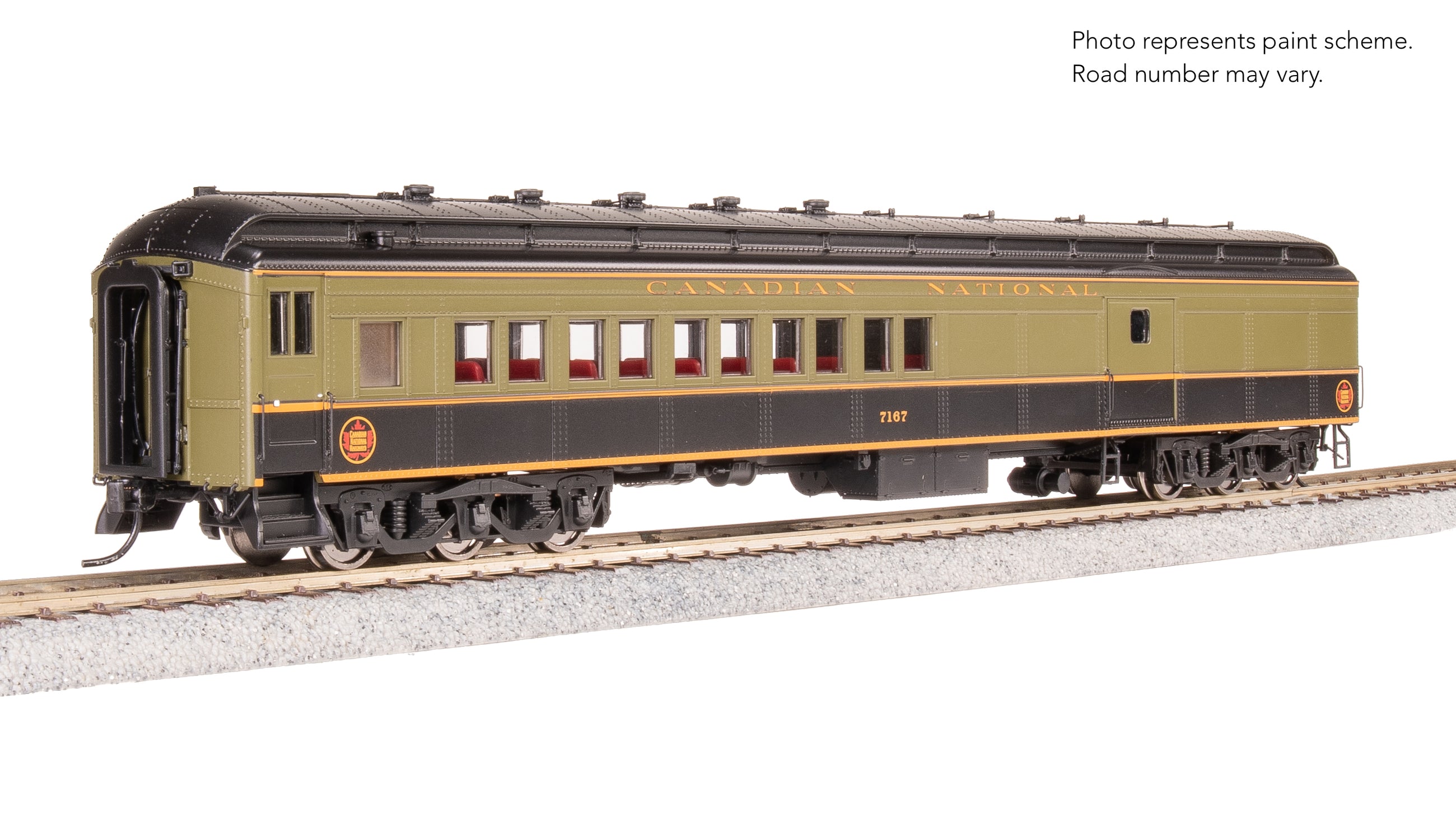9116 CN Coach-Baggage Combine, #7167, Green/Black/Yellow, HO Scale